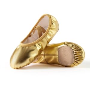 Polka Dot Leather Ballet Belly Slippers Dance Shoes Split-Sole Gymnastics Yoga Shoes(7, Gold Band)