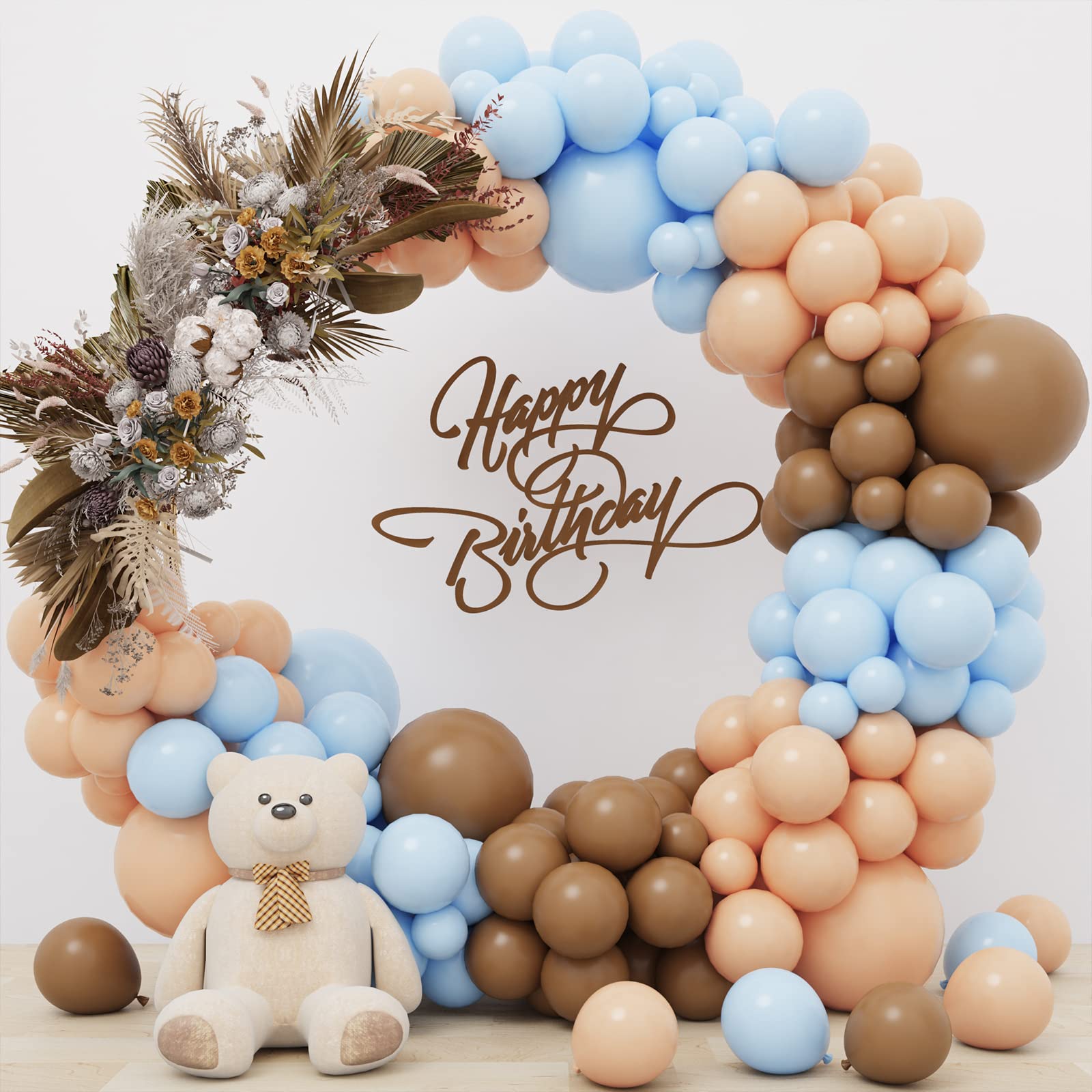 RUBFAC 156pcs Brown Blue Balloon Garland Arch Kit, Bear Baby Shower Decoration with Boho Brown Nude Blue Balloons for Gender Reveal and Birthday Party Decoration