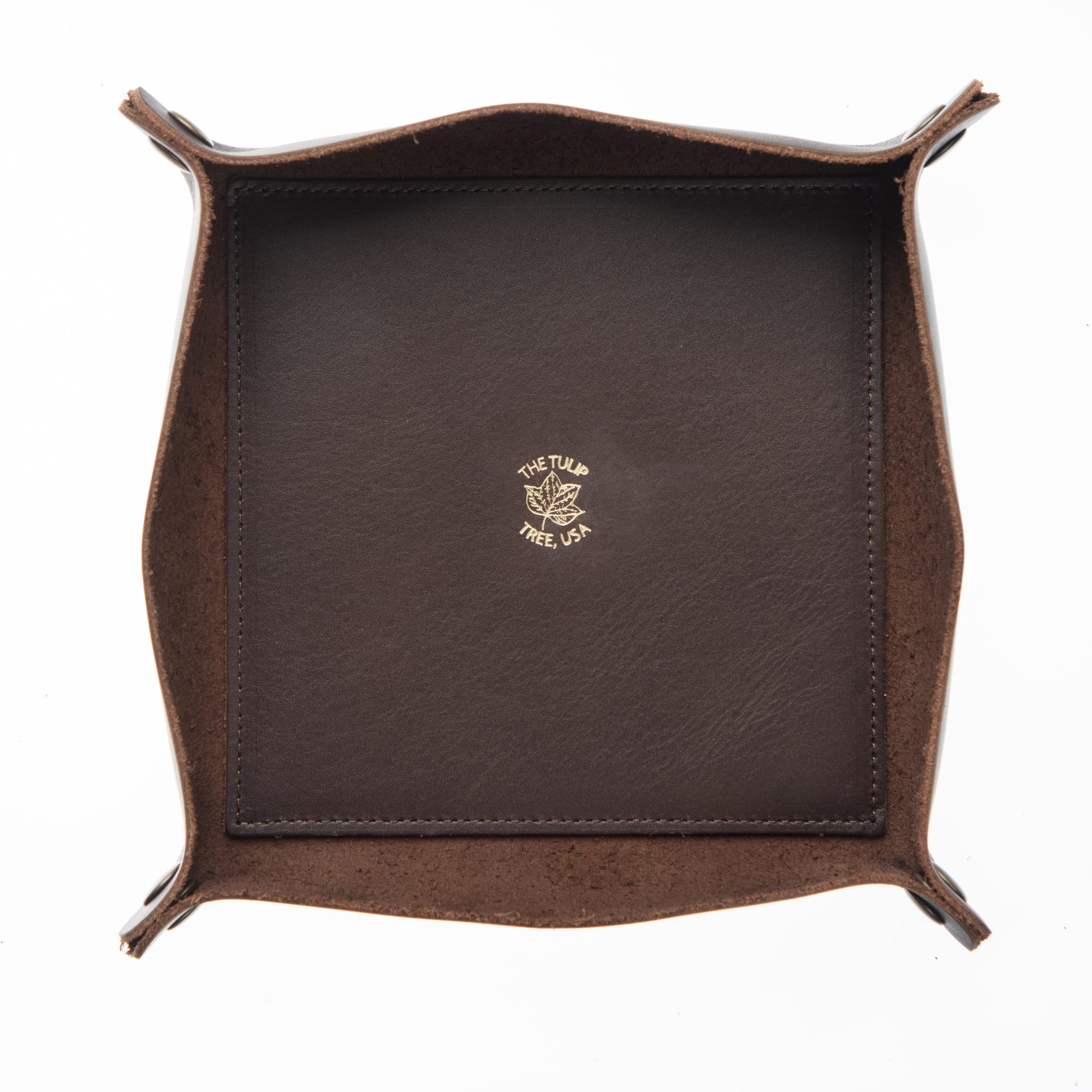 USA Handmade Premium Leather Valet Tray, Folds Flat! Dice Rolling Basket and Organizer with Brass Snaps (Dark Walnut Brown, Large)