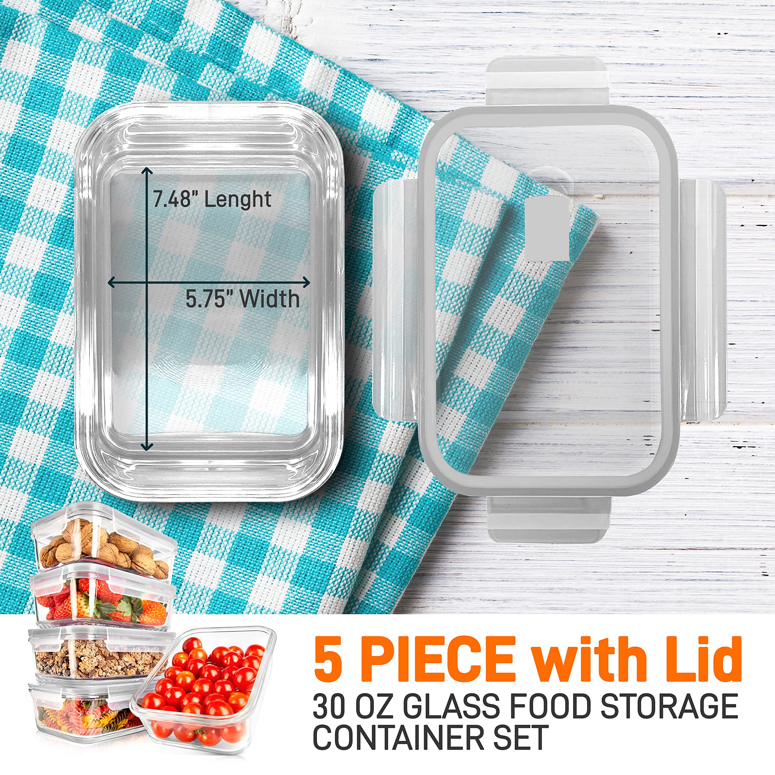 NutriChef 10-Piece Glass Food Containers - Stackable Superior Glass Meal-prep Storage Containers, Newly Innovated Leakproof Locking Lids w/Air Hole, Freezer-to-Oven-Safe (Gray)