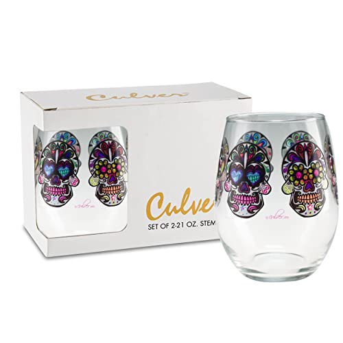 Culver Sugar Skulls Stemless Wine Glasses, 21-Ounce, Gift Boxed Set of 2 (Clear)