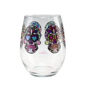 Culver Sugar Skulls Stemless Wine Glasses, 21-Ounce, Gift Boxed Set of 2 (Clear)