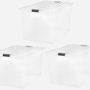 IRIS USA 144 Quart Stackable Plastic Storage Bins with Lids and Latching Buckles, 3 Pack, Containers with Lids, Durable Nestable Closet, Garage, Totes, Tubs Boxes Organizing, Clear