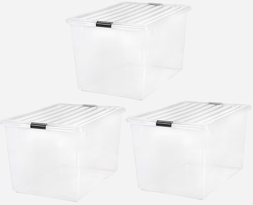 IRIS USA 144 Quart Stackable Plastic Storage Bins with Lids and Latching Buckles, 3 Pack, Containers with Lids, Durable Nestable Closet, Garage, Totes, Tubs Boxes Organizing, Clear