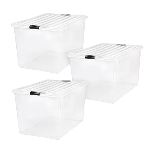 IRIS USA 144 Quart Stackable Plastic Storage Bins with Lids and Latching Buckles, 3 Pack, Containers with Lids, Durable Nestable Closet, Garage, Totes, Tubs Boxes Organizing, Clear