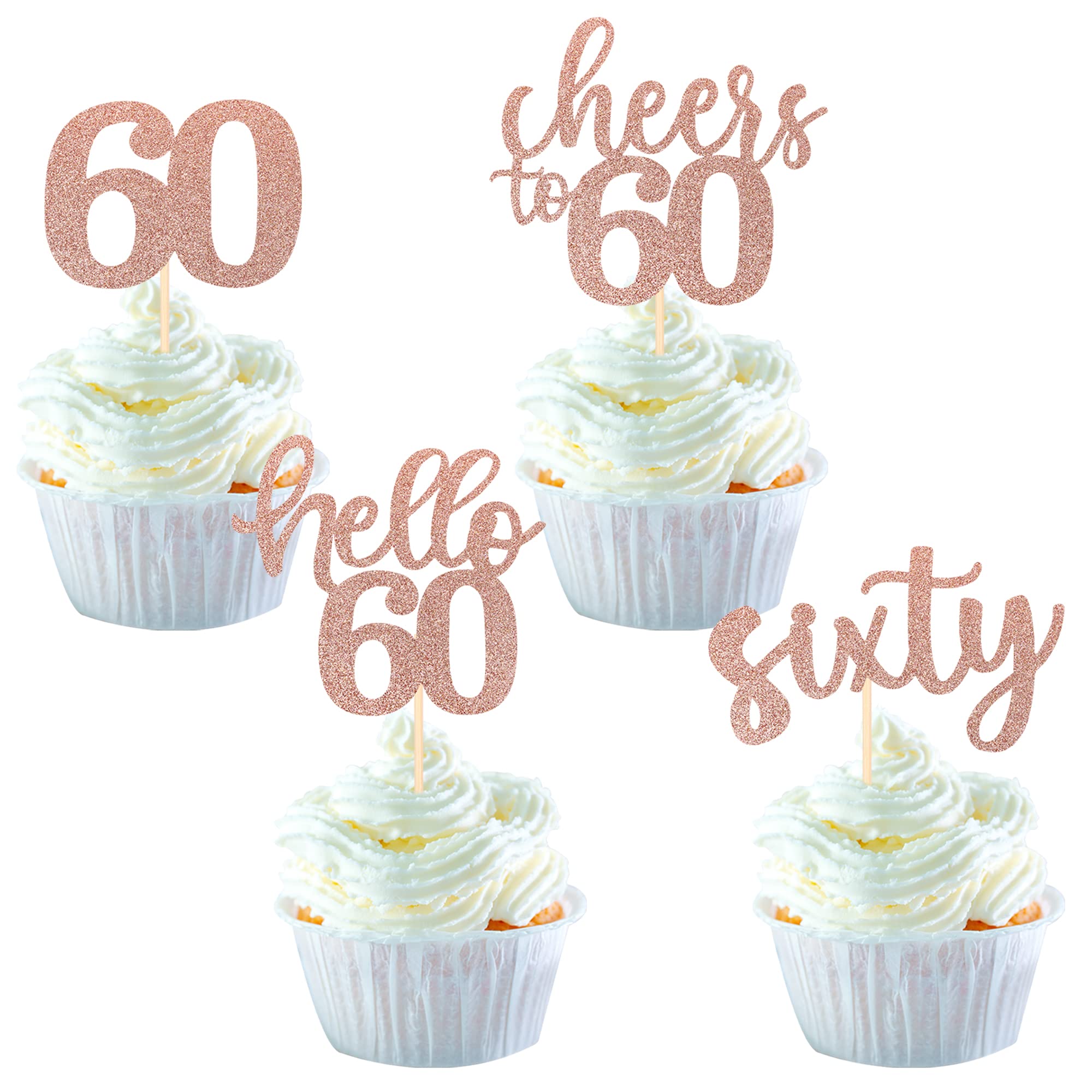 36 Pack 60th Birthday Cupcake Toppers Rose Gold Glitter Cheers to 60 Cake Toppers Hello 60 Sixty Cupcake Picks Decorations for 60th Birthday Anniversary Party Supplies