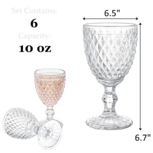 ZOOFOX Set of 6 Water Goblet Glasses, 10 oz Stemmed Wine Glasses with Embossed Design, Vintage Drinking Glassware for Anniversary, Wedding, Party, Housewarming Gift