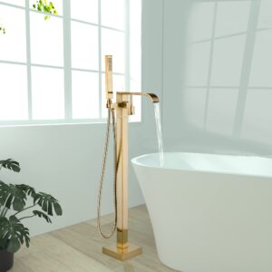 Freestanding Bathtub Faucet Brushed Gold Floor Mount Waterfall Tub Filler High Flow with Hand Shower Solid Brass 360 Degree Swivel Standing Mixer Taps for Bathroom