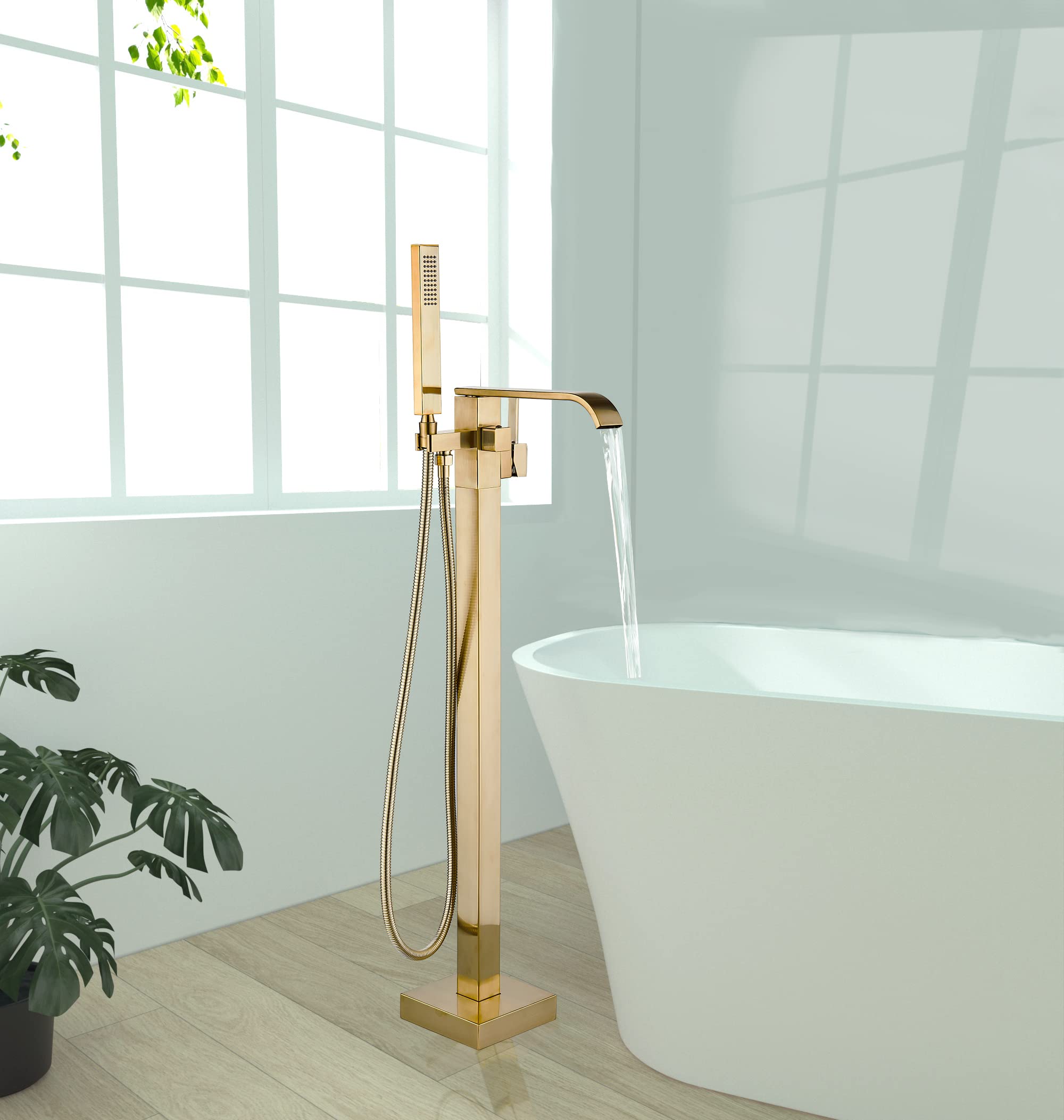 Freestanding Bathtub Faucet Brushed Gold Floor Mount Waterfall Tub Filler High Flow with Hand Shower Solid Brass 360 Degree Swivel Standing Mixer Taps for Bathroom