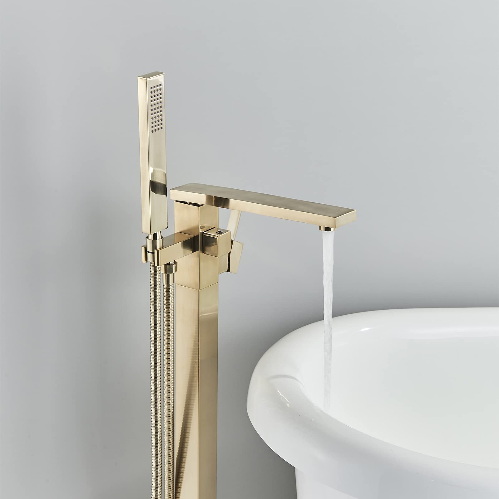 Freestanding Bathtub Faucet Brushed Gold Floor Mount Waterfall Tub Filler High Flow with Hand Shower Solid Brass 360 Degree Swivel Standing Mixer Taps for Bathroom