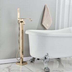 Freestanding Bathtub Faucet Brushed Gold Floor Mount Waterfall Tub Filler High Flow with Hand Shower Solid Brass 360 Degree Swivel Standing Mixer Taps for Bathroom