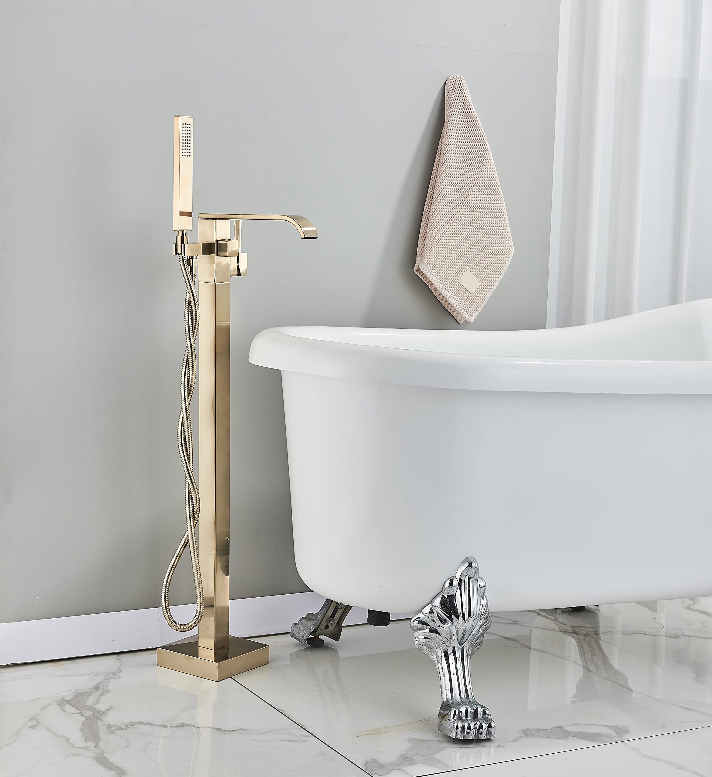 Freestanding Bathtub Faucet Brushed Gold Floor Mount Waterfall Tub Filler High Flow with Hand Shower Solid Brass 360 Degree Swivel Standing Mixer Taps for Bathroom