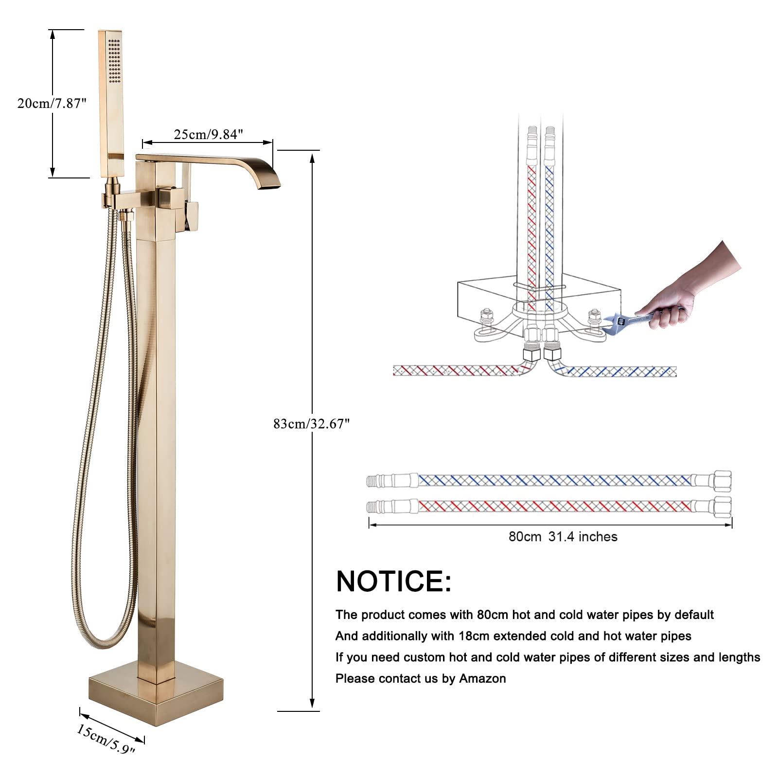 Freestanding Bathtub Faucet Brushed Gold Floor Mount Waterfall Tub Filler High Flow with Hand Shower Solid Brass 360 Degree Swivel Standing Mixer Taps for Bathroom