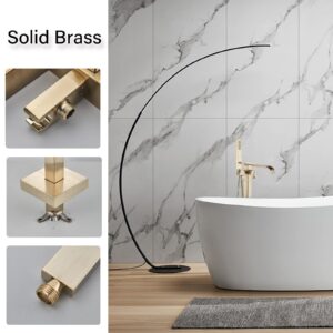 Freestanding Bathtub Faucet Brushed Gold Floor Mount Waterfall Tub Filler High Flow with Hand Shower Solid Brass 360 Degree Swivel Standing Mixer Taps for Bathroom