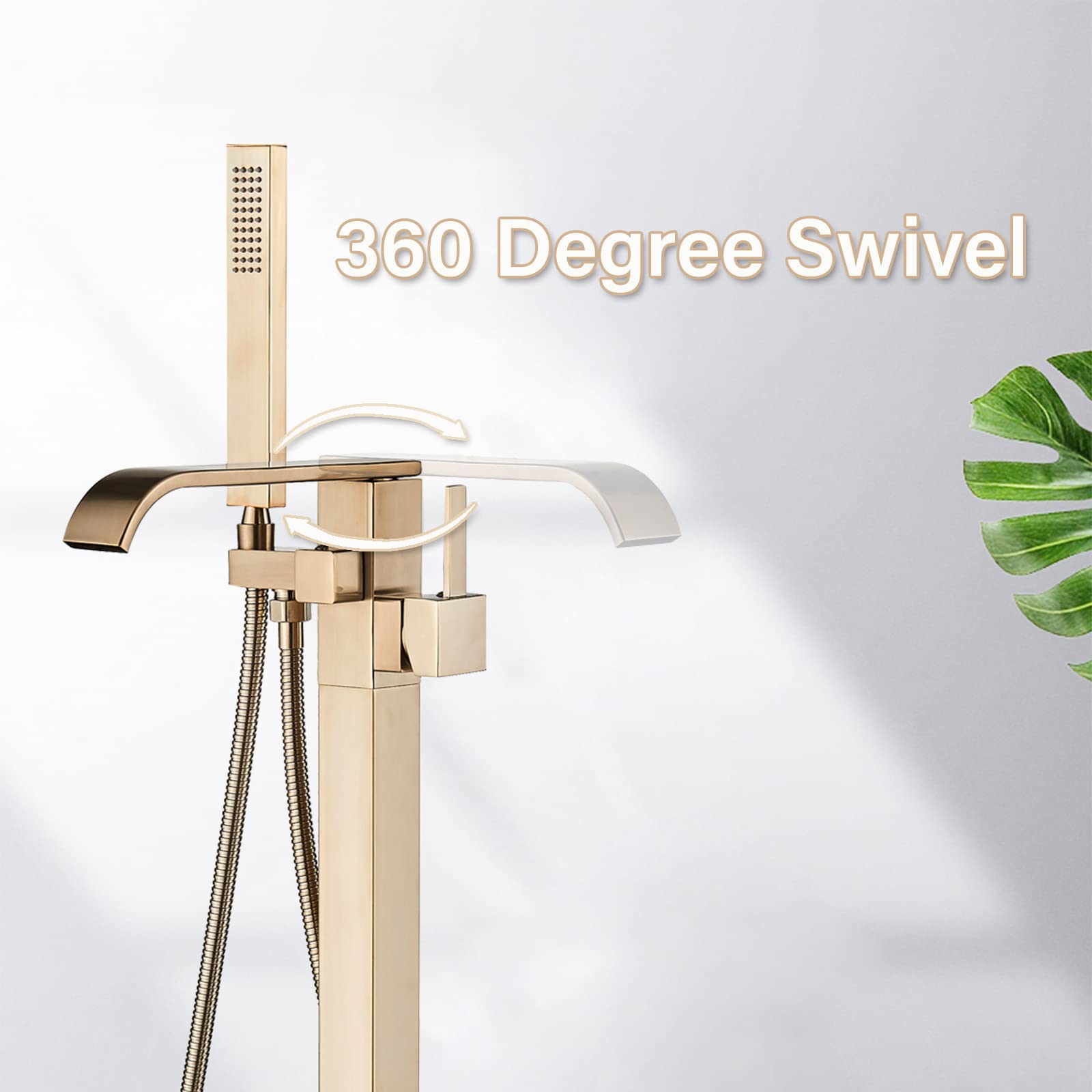 Freestanding Bathtub Faucet Brushed Gold Floor Mount Waterfall Tub Filler High Flow with Hand Shower Solid Brass 360 Degree Swivel Standing Mixer Taps for Bathroom