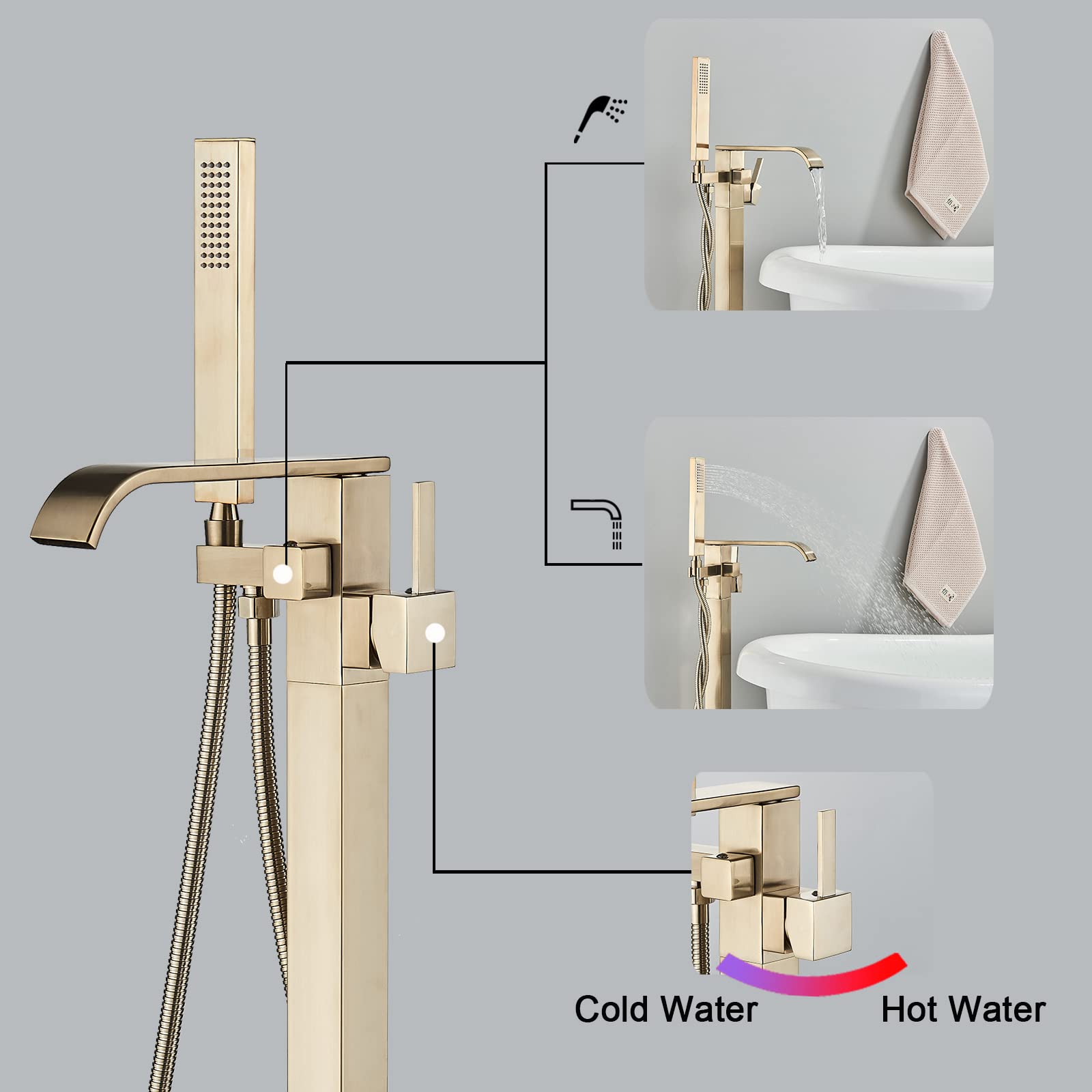 Freestanding Bathtub Faucet Brushed Gold Floor Mount Waterfall Tub Filler High Flow with Hand Shower Solid Brass 360 Degree Swivel Standing Mixer Taps for Bathroom