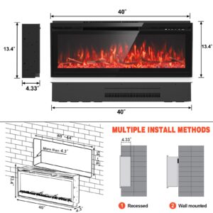 Ooiior 36 Inch Electric Fireplace, Recessed and Wall Mounted Fireplace with Remote Control, Ultra-Thin Fireplace Heater and Linear Fireplace, with Timer, Adjustable Flame Color, 750/1500W