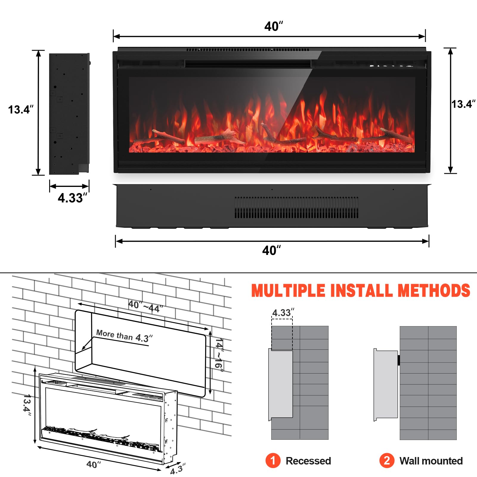 Ooiior 36 Inch Electric Fireplace, Recessed and Wall Mounted Fireplace with Remote Control, Ultra-Thin Fireplace Heater and Linear Fireplace, with Timer, Adjustable Flame Color, 750/1500W