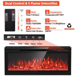 Ooiior 36 Inch Electric Fireplace, Recessed and Wall Mounted Fireplace with Remote Control, Ultra-Thin Fireplace Heater and Linear Fireplace, with Timer, Adjustable Flame Color, 750/1500W