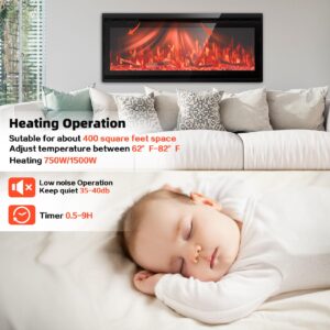 Ooiior 36 Inch Electric Fireplace, Recessed and Wall Mounted Fireplace with Remote Control, Ultra-Thin Fireplace Heater and Linear Fireplace, with Timer, Adjustable Flame Color, 750/1500W