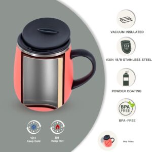 Ideus 16 oz Insulated Coffee Mug with Handle and Lid, Double Wall Stainless Steel Vacuum Insulated Tumbler Cup, Travel Coffee Cup Thermal Cup for Home and Office, Coral