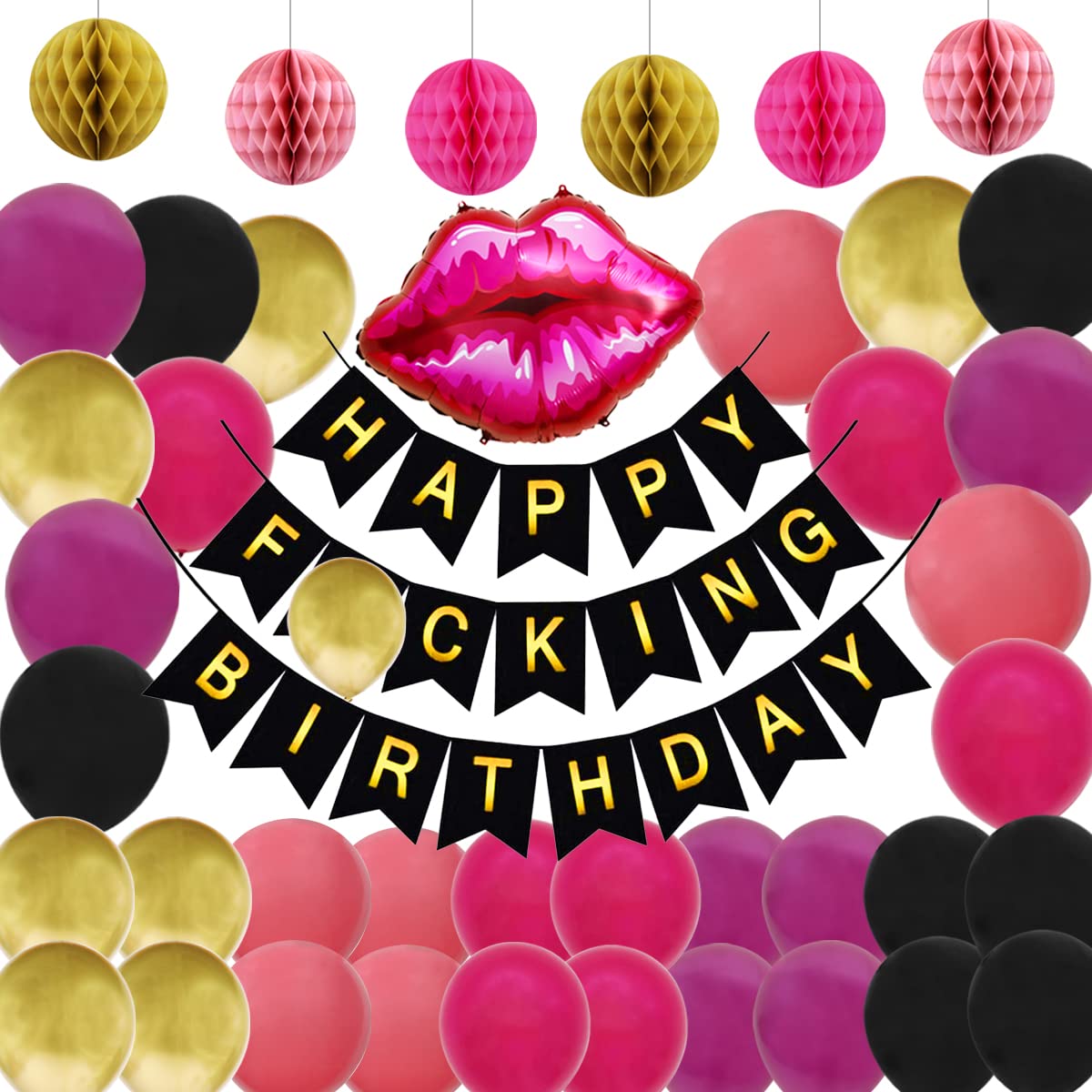 Birthday Decorations for Women Hot Pink Black and Gold, Happy Birthday Banner Black Gold Hot Pink Balloons Kit, Honeycomb Balls Party Supplies, Red Lips Balloon, Funny Birthday Decor Office Her