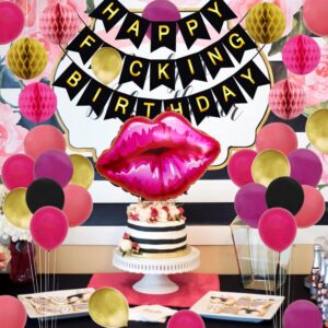 Birthday Decorations for Women Hot Pink Black and Gold, Happy Birthday Banner Black Gold Hot Pink Balloons Kit, Honeycomb Balls Party Supplies, Red Lips Balloon, Funny Birthday Decor Office Her