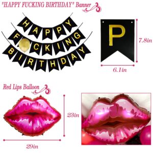 Birthday Decorations for Women Hot Pink Black and Gold, Happy Birthday Banner Black Gold Hot Pink Balloons Kit, Honeycomb Balls Party Supplies, Red Lips Balloon, Funny Birthday Decor Office Her