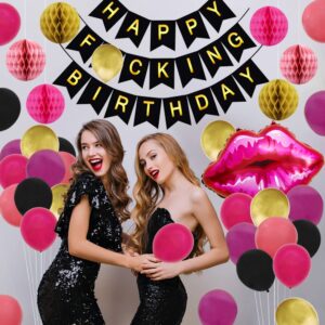 Birthday Decorations for Women Hot Pink Black and Gold, Happy Birthday Banner Black Gold Hot Pink Balloons Kit, Honeycomb Balls Party Supplies, Red Lips Balloon, Funny Birthday Decor Office Her