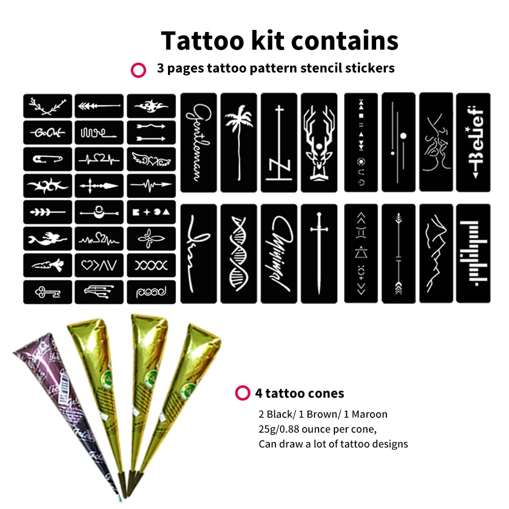 4 Pcs 3 colors Temporary Tattoo With 40 Pcs Tattoo Stencils Set, Stickers for Body Art Painting, Black Brown Maroon