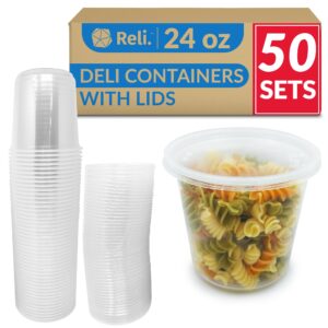 reli. deli containers with lids (50 sets), 24 oz | plastic deli containers with lids 24oz | clear soup containers with lids, disposable | to go food storage containers for deli, food, soup (24 ounce)