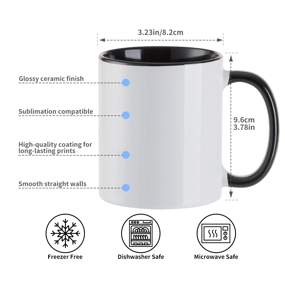 Craft Express 11 OZ Sublimation Coffee Mugs Ceramic White with Black Inside and Handle-Photo Mugs Cups Bulk Perfect for Easy Mug Press Crafting-Individually Packaged Set of 6