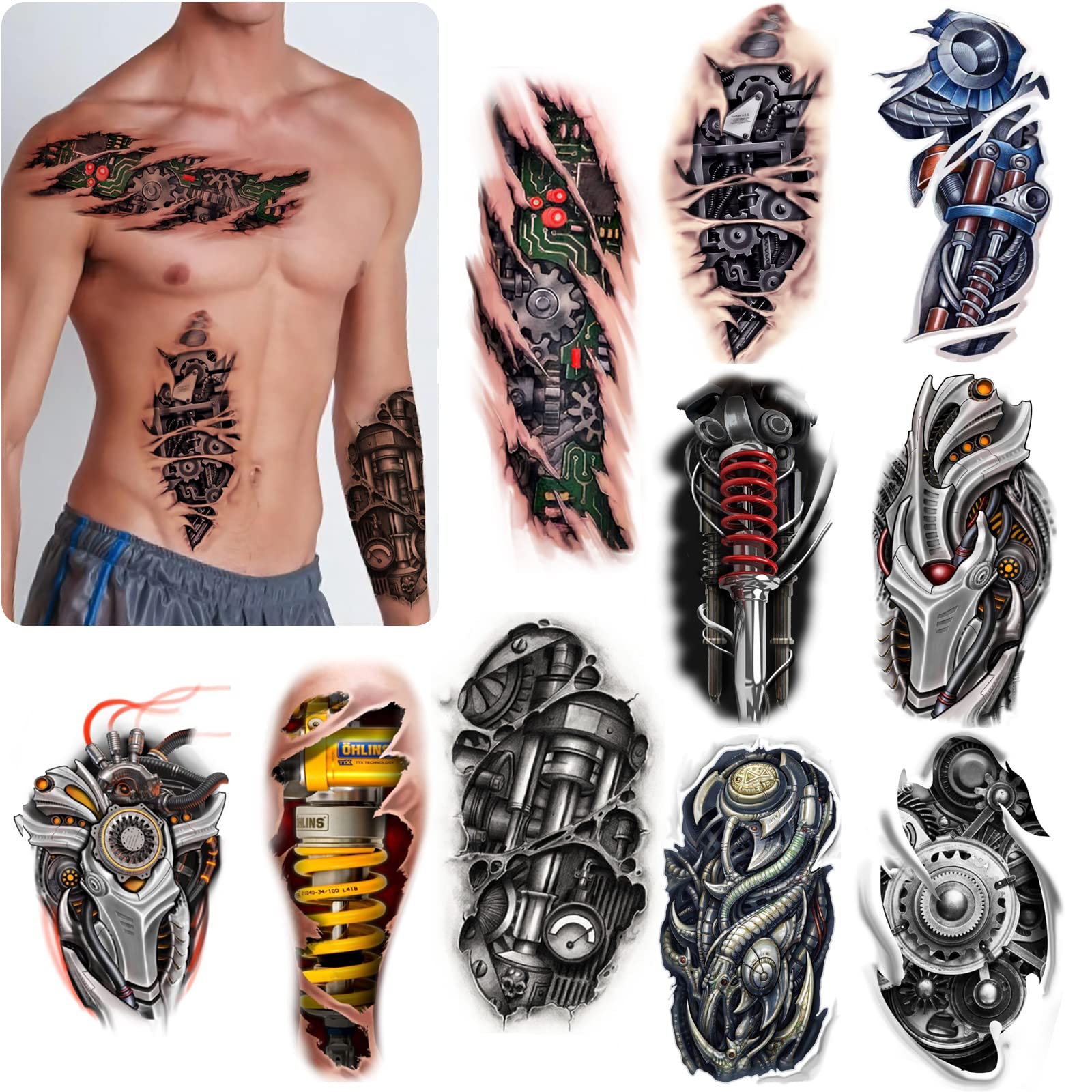 ROARHOWL Very cool machine 3D realistic fake tattoos，wound robot makeup Temporary Tattoos for men women (Design 5)