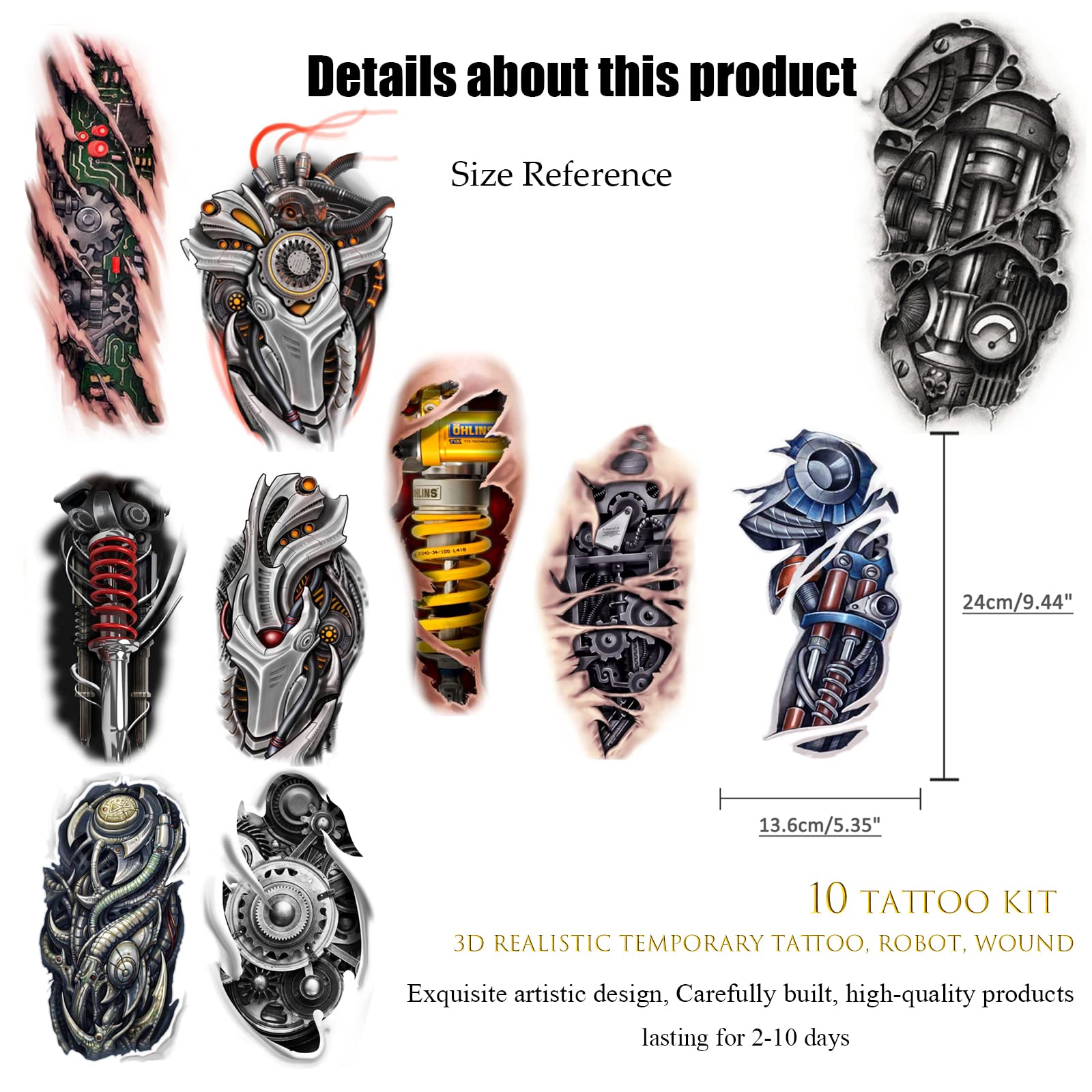 ROARHOWL Very cool machine 3D realistic fake tattoos，wound robot makeup Temporary Tattoos for men women (Design 5)