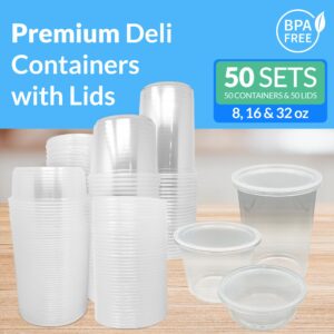 Reli. Deli Containers with Lids (50 Sets Total) | Variety Pack - 8 oz (20 Sets), 16 oz (20 Sets), 32 oz (10 sets) | Plastic Soup Containers with Lids | Clear Food Storage Containers 8oz, 16oz, 32oz