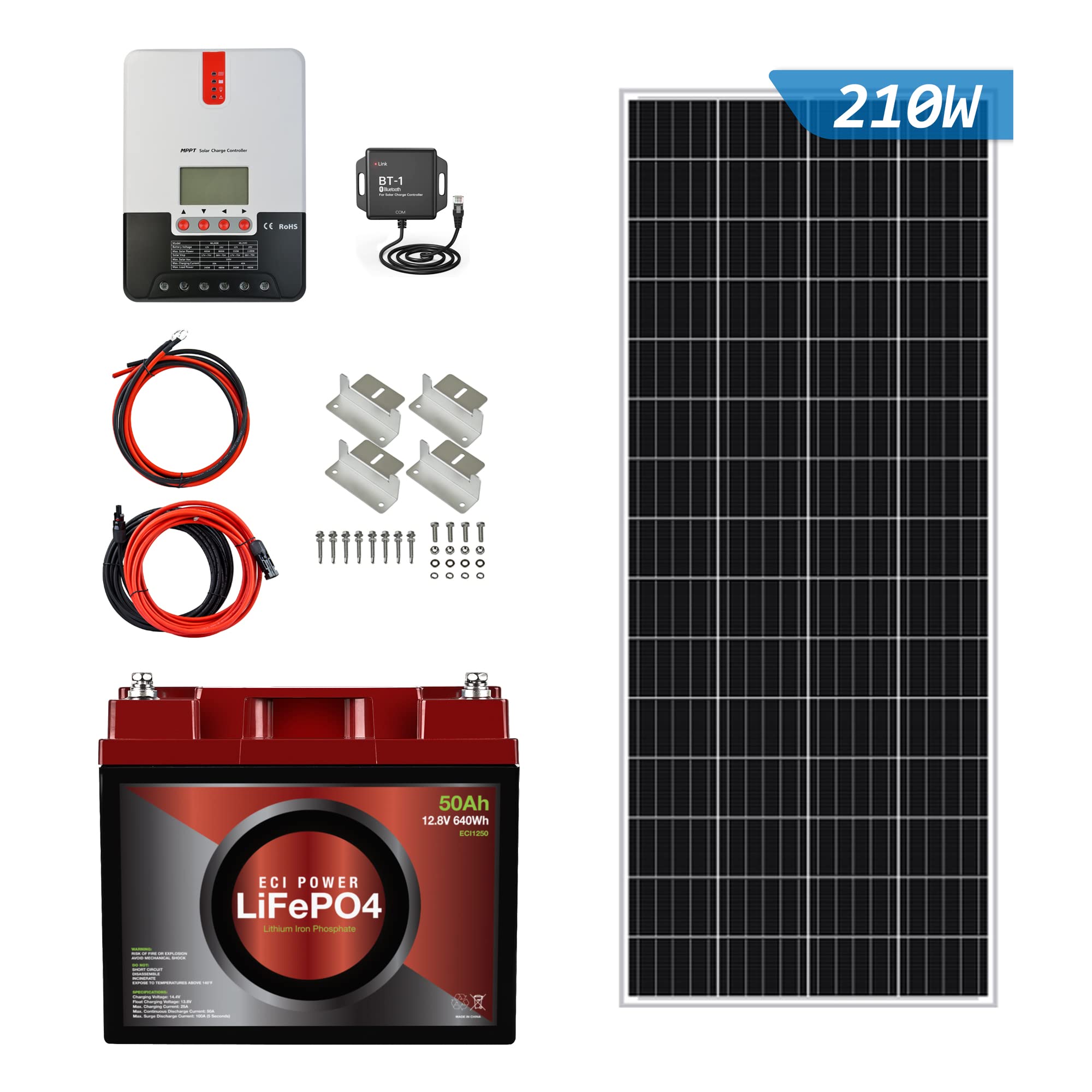 ECI Power 210W 12V Solar Power Kit | 12V 50Ah LiFePO4 Lithium Batteries | 210W Mono Rigid Solar Panels, 20A MPPT Solar Charge Controller | RV, Trailer, Camper, Marine, Off Grid, Solar Projects