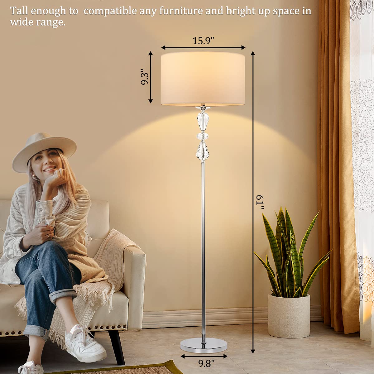 Dott Arts Floor Lamp for Living Room, Modern Standing Lamp with Dimmer, Crystal Reading Floor Lamp Silver Corner Light for Bedroom, Bright 8W Bulb Included