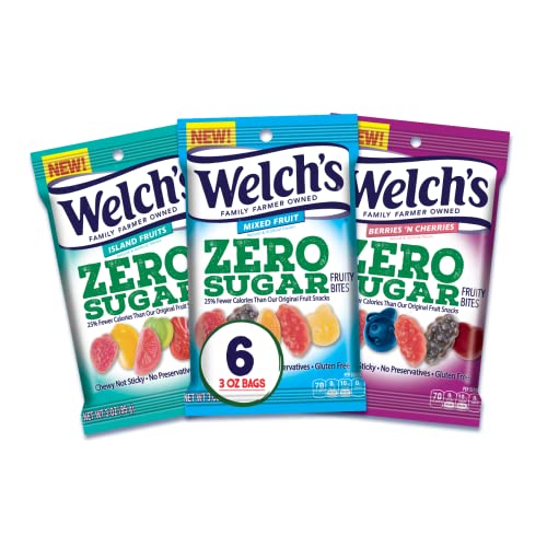 Welch’s Fruit Snacks, Zero Sugar Mixed Fruit, Berries 'N Cherries & Island Fruit, Perfect for School Lunches, Variety Case, 3 oz (Pack of 6)