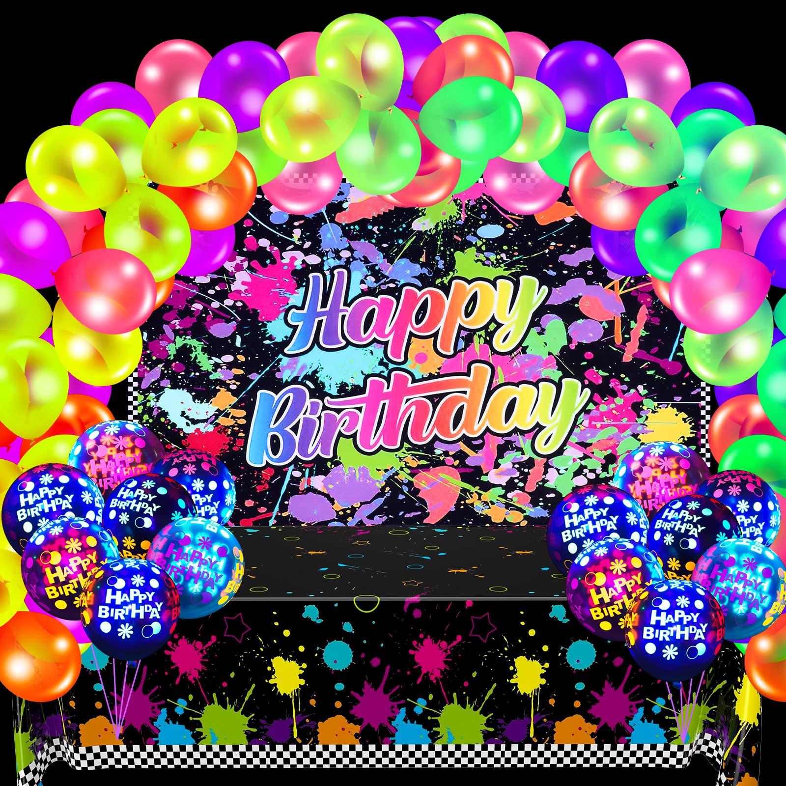 126 Pieces Neno Glow in The Dark Birthday Party Supplies Includes Graffiti Splash Paint Background, Glow Party Table Covers, Neon Glow Balloons and Transparent Fluorescent Glow Rubber Balloons