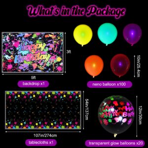 126 Pieces Neno Glow in The Dark Birthday Party Supplies Includes Graffiti Splash Paint Background, Glow Party Table Covers, Neon Glow Balloons and Transparent Fluorescent Glow Rubber Balloons