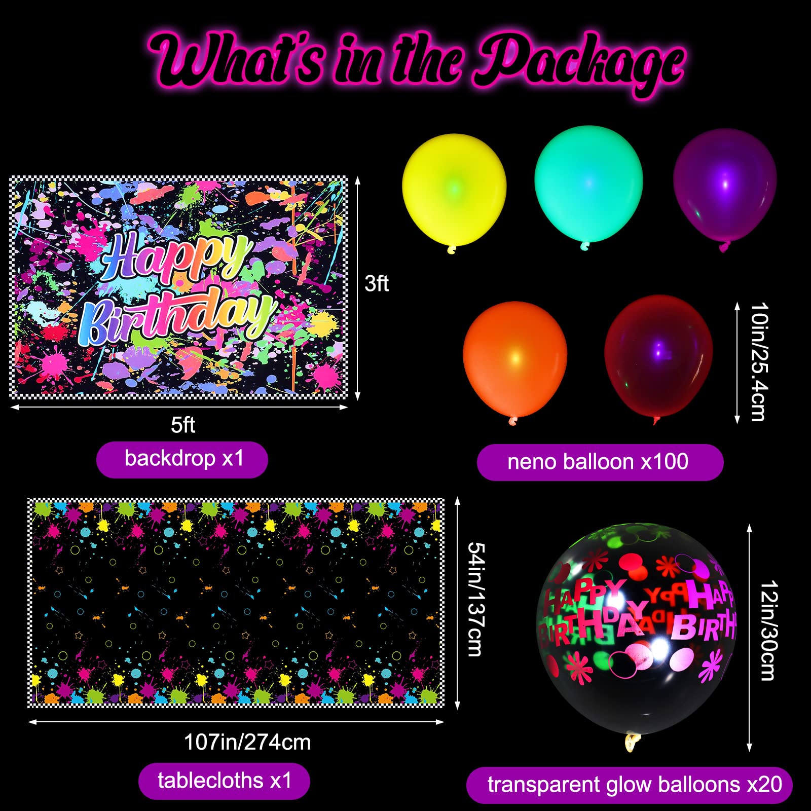 126 Pieces Neno Glow in The Dark Birthday Party Supplies Includes Graffiti Splash Paint Background, Glow Party Table Covers, Neon Glow Balloons and Transparent Fluorescent Glow Rubber Balloons