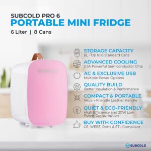 Subcold Pro6 Luxury Mini Fridge Cooler 6 Litre / 8 Cans AC & Exclusive USB Power Option Small Portable Fridge For The Office, Bedroom, Car, Skincare & Cosmetics Pink