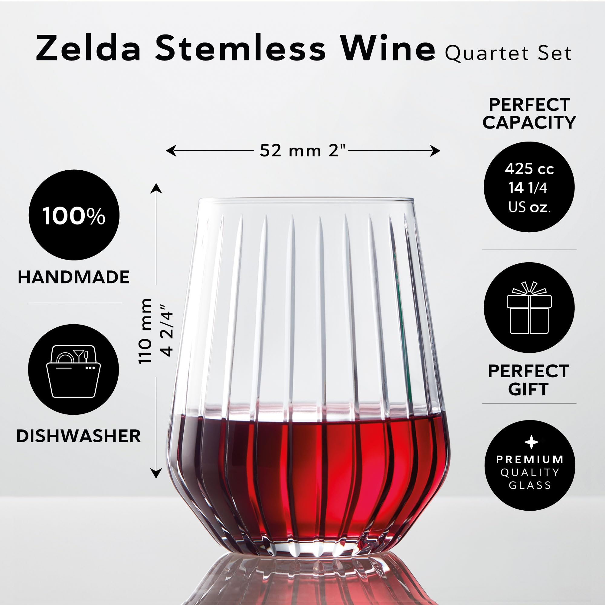 Grace Era Stemless Wine Glasses Set of 4 Beverage Cups, Zelda Collection, Wine Tumblers for Red and White Wine, Water Glasses, Drinking Glasses Unique Gift for Women, Men, Wedding