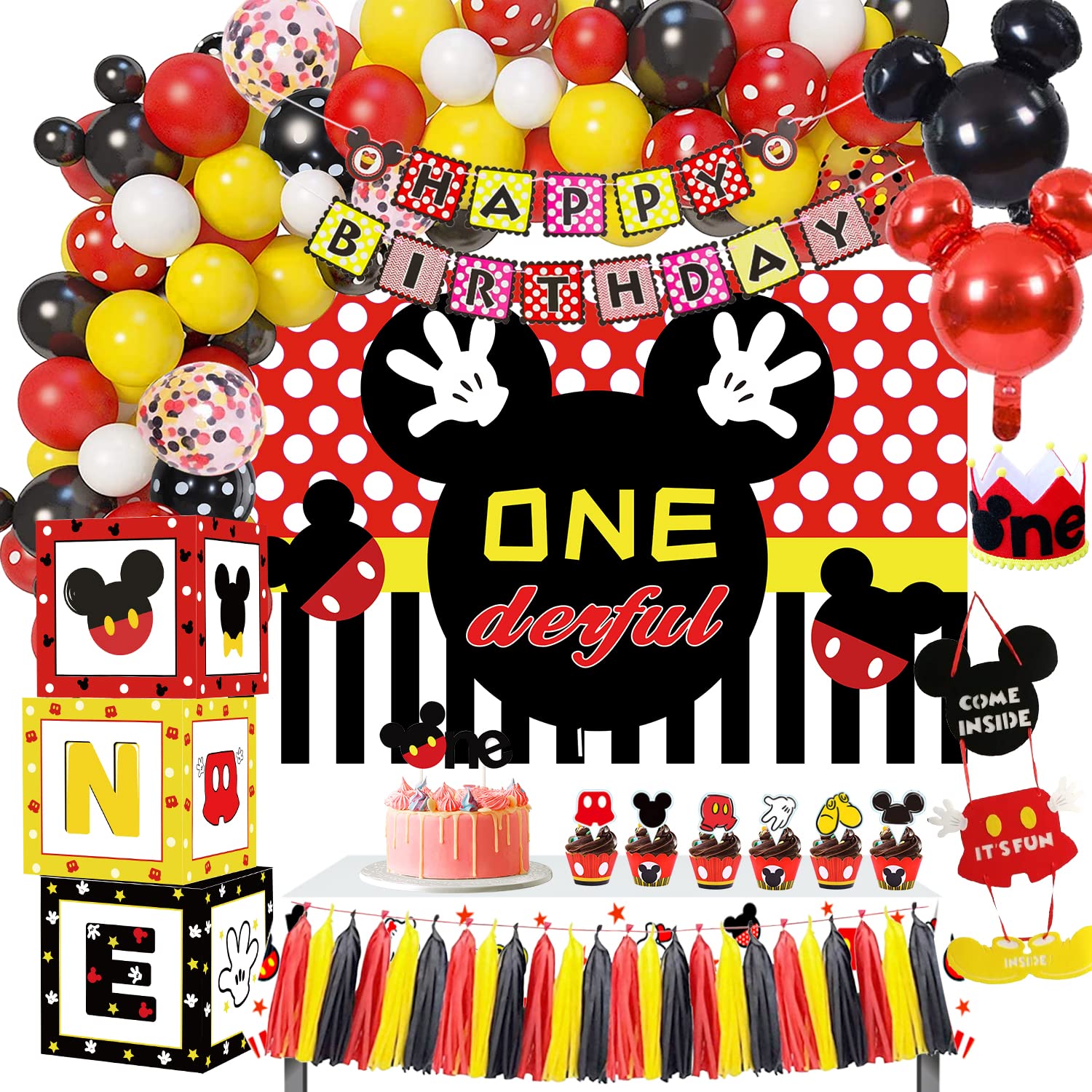 PYCALOW Mickey 1st Birthday Party Supplies - Mickey Theme Mouse Party Decorations Include Backdrop, Balloon Garland Arch, Welcome Sign Door Hanger, Banner, Crown, Balloon Box, Cake Toppers