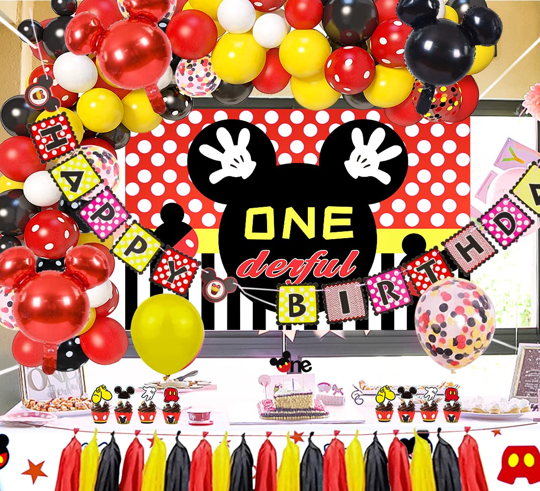 PYCALOW Mickey 1st Birthday Party Supplies - Mickey Theme Mouse Party Decorations Include Backdrop, Balloon Garland Arch, Welcome Sign Door Hanger, Banner, Crown, Balloon Box, Cake Toppers