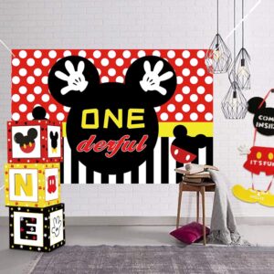 PYCALOW Mickey 1st Birthday Party Supplies - Mickey Theme Mouse Party Decorations Include Backdrop, Balloon Garland Arch, Welcome Sign Door Hanger, Banner, Crown, Balloon Box, Cake Toppers