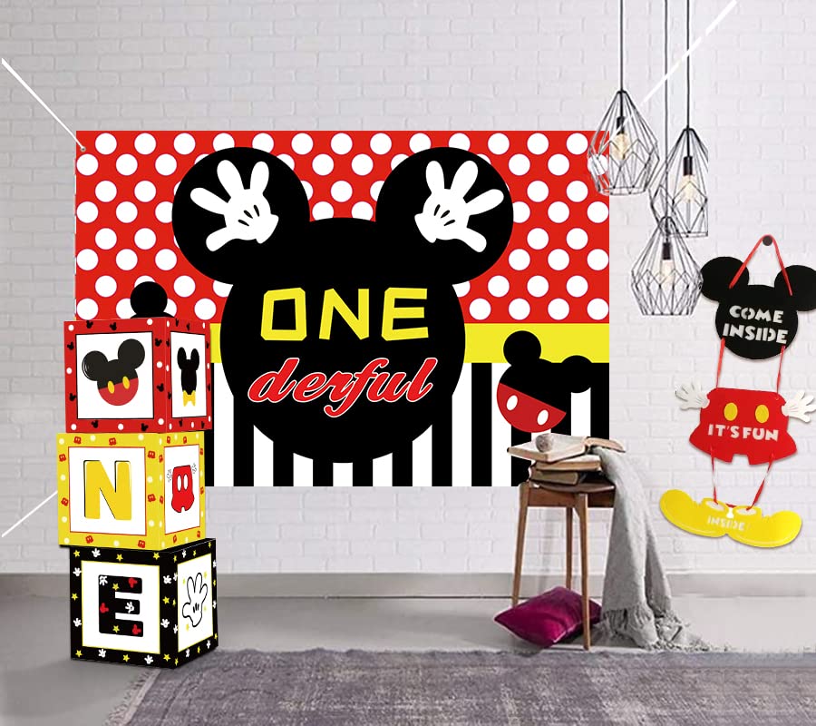 PYCALOW Mickey 1st Birthday Party Supplies - Mickey Theme Mouse Party Decorations Include Backdrop, Balloon Garland Arch, Welcome Sign Door Hanger, Banner, Crown, Balloon Box, Cake Toppers