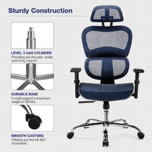 AFO Ergonomic Home Office 3D Armrests and Adjustable Headrest, High Back Breathable Mesh Chairs for Gaming, Executive, Supports up to 300 Pounds, 28.1D x 26.5W x 48.03H Inch, Blue