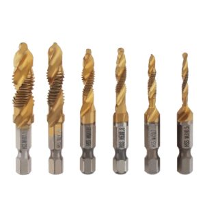 omninmo 6 pcs 1/4" hex shank titanium combination drill tap bit set screw tapping countersink drill bits metric thread m3-m10 taps tool(m3, m4, m5, m6, m8, m10)