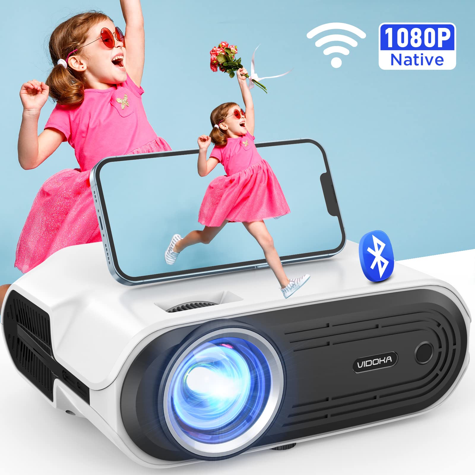 VIDOKA WiFi Bluetooth Projector, 8000L Native 1080P HD Projector for Home and Outdoor, Support Wireless Mirroring for iPhone/iPad and Samsung, One Click Zoom Video, Compatible w/ TV Stick/Laptop/PC